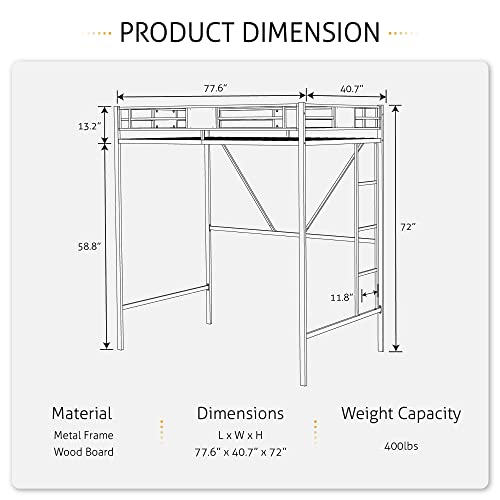 SHA CERLIN Metal Twin Loft Bed Frame with Stairs & Full-Length Guardrail, Space-Saving, Juniors and Adults, Noise Free, Black