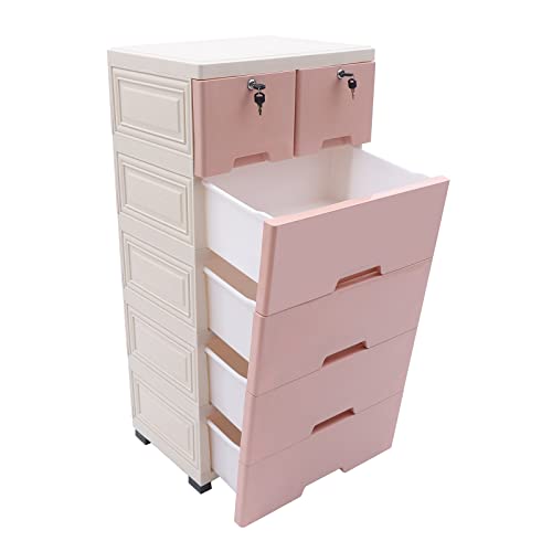 Plastic Storage Drawers, 5 Layers 6 Drawer Dresser Clothes Storage Plastic Closet Cabinet Organizer Container with 4 Wheel for Tower Home Office Bedroom Furniture (Pink)