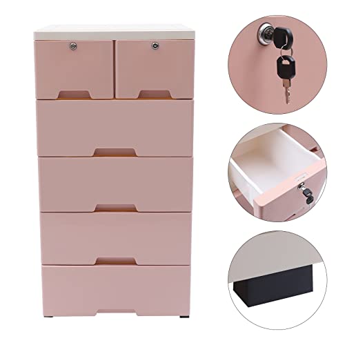 Plastic Storage Drawers, 5 Layers 6 Drawer Dresser Clothes Storage Plastic Closet Cabinet Organizer Container with 4 Wheel for Tower Home Office Bedroom Furniture (Pink)