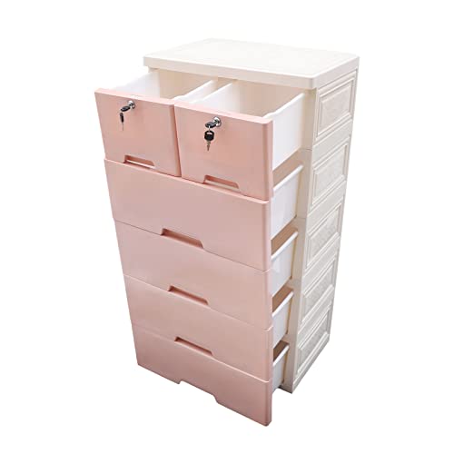 Plastic Storage Drawers, 5 Layers 6 Drawer Dresser Clothes Storage Plastic Closet Cabinet Organizer Container with 4 Wheel for Tower Home Office Bedroom Furniture (Pink)