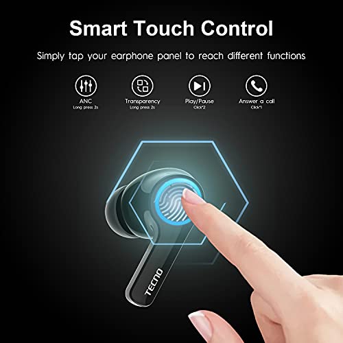 Tecno True Wireless Bluetooth Earbuds Noise Cancelling, ANC Bluetooth Headphone with Microphone and Breathing Light, USB-C Waterproof Earphones with Touch Control for Android iOS, H3 Black