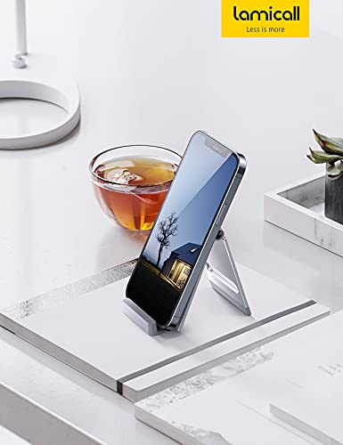 Lamicall Portable Cell Phone Stand - Aluminum Foldable Phone Stand for Desk, Small Pocket Travel Design, Adjustable Mobile Phone Holder for 4-7.2" Cellphone - Sliver