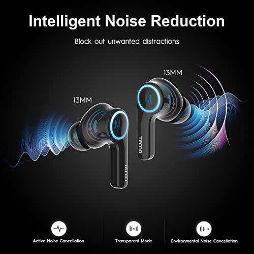 Tecno True Wireless Bluetooth Earbuds Noise Cancelling, ANC Bluetooth Headphone with Microphone and Breathing Light, USB-C Waterproof Earphones with Touch Control for Android iOS, H3 Black