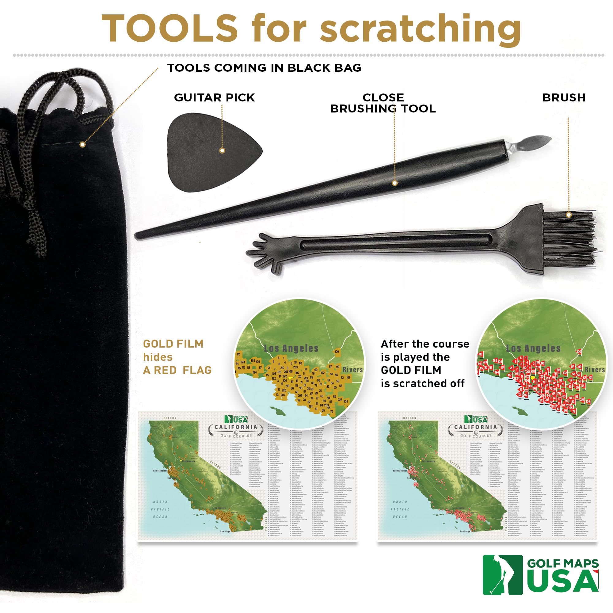 Golf Maps USA California State Golf Scratch Map with 278 Courses - Scratch-Off Golf Print with Eye-Catching Red Flags - Golfing Wall Decor - Unique Poster Gift for Golfers (Updated June 2023)