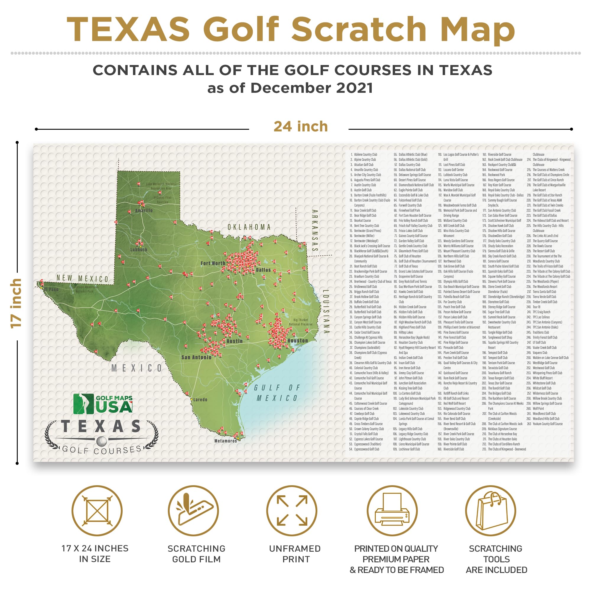 Golf Maps USA Texas State Golf Scratch Map with 263 Courses - Scratch-Off Golf Print with Eye-Catching Red Flags - Golfing Wall Decor - Unique Poster Gift for Golfers (Updated June 2023)