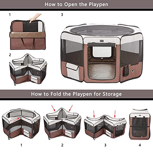 DONORO Dog Playpen 46" Portable Pet Play Pens for Small Medium Dogs, Cat Playpen Indoor/Outdoor with Carring Case, Removable Zipper Top and Bottom