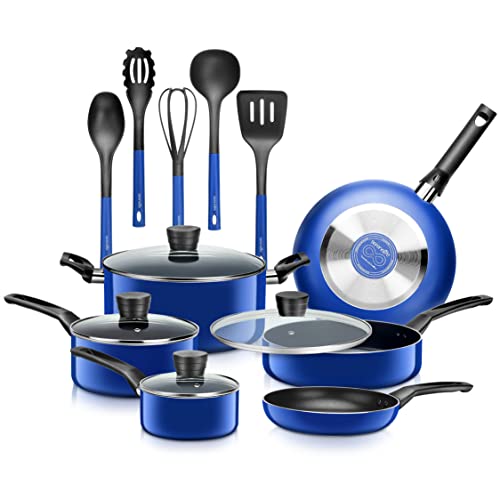 SereneLife Kitchenware Pots & Pans Basic Kitchen Cookware, Black Non-Stick Coating Inside, Heat Resistant Lacquer (15-Piece Set), One Size, Blue