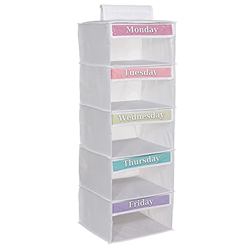 5-Shelf Weekly Clothes Organizer for Kids (33”) Weekday Clothes Organizer for Kids I School Clothes Organizer I Day of the Week Clothes Organizer for Kids I Monday through Friday Clothes Organizer