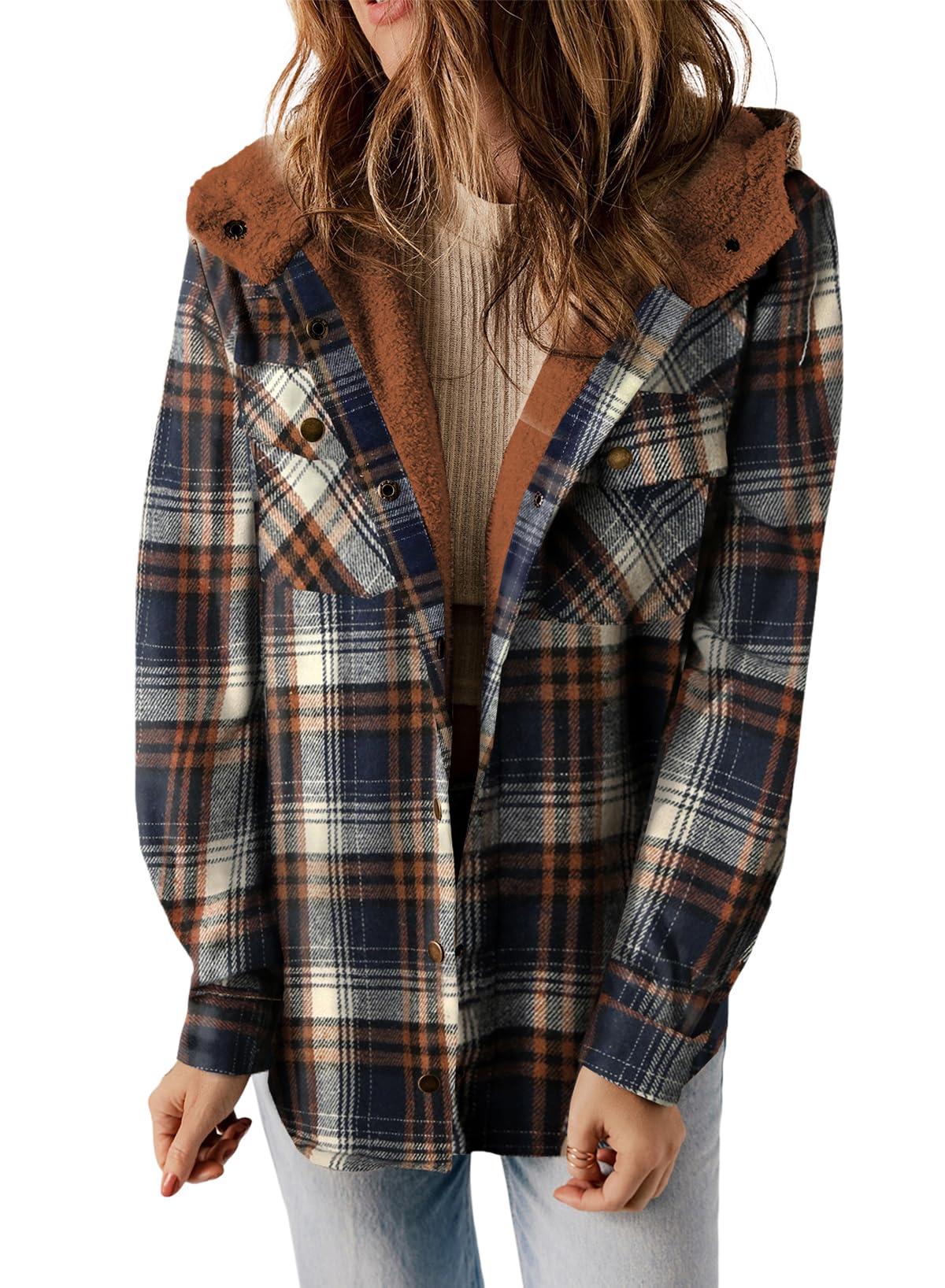 Dokotoo Hooded Shacket Jacket Women Fashion Plaid Flannel Shirts Fleece Lined Long Sleeve Button Up Jackets Sherpa Fuzzy Thick Coats Vintage 2024 Fall Warm Winter Oversized Coat Outwear Blue S