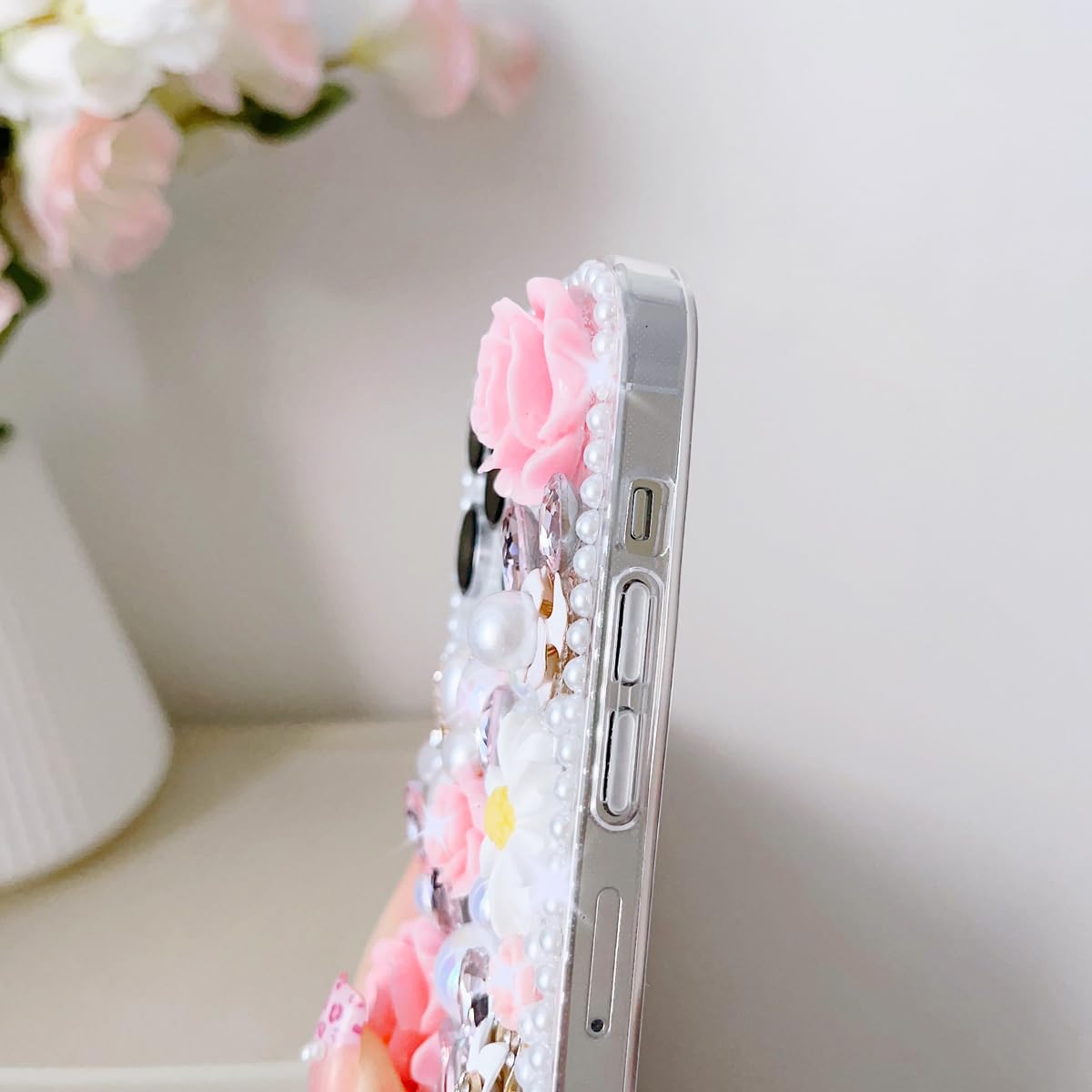 Changjia for iPhone 13 Pro Max Glitter Bling Case, Cute Luxury 3D Crystal Rhinestone Flowers Diamond Pearl with Wrist Strap Bracelet Chain Women Girls Case Cover for iPhone 13 Pro Max 6.7Inch (Pink)