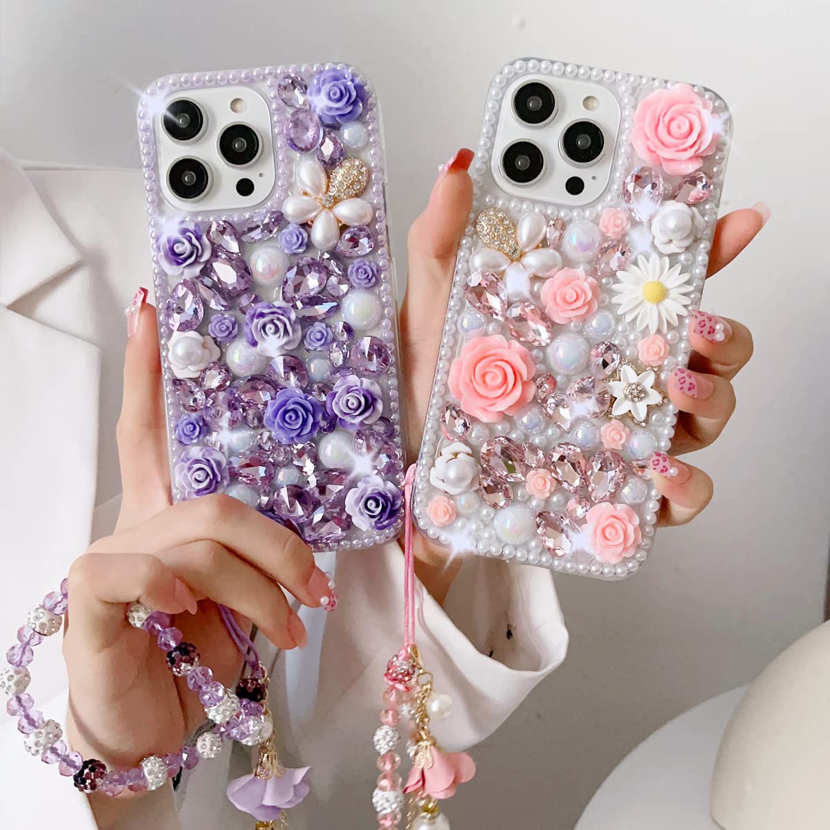 Changjia for iPhone 13 Pro Max Glitter Bling Case, Cute Luxury 3D Crystal Rhinestone Flowers Diamond Pearl with Wrist Strap Bracelet Chain Women Girls Case Cover for iPhone 13 Pro Max 6.7Inch (Pink)