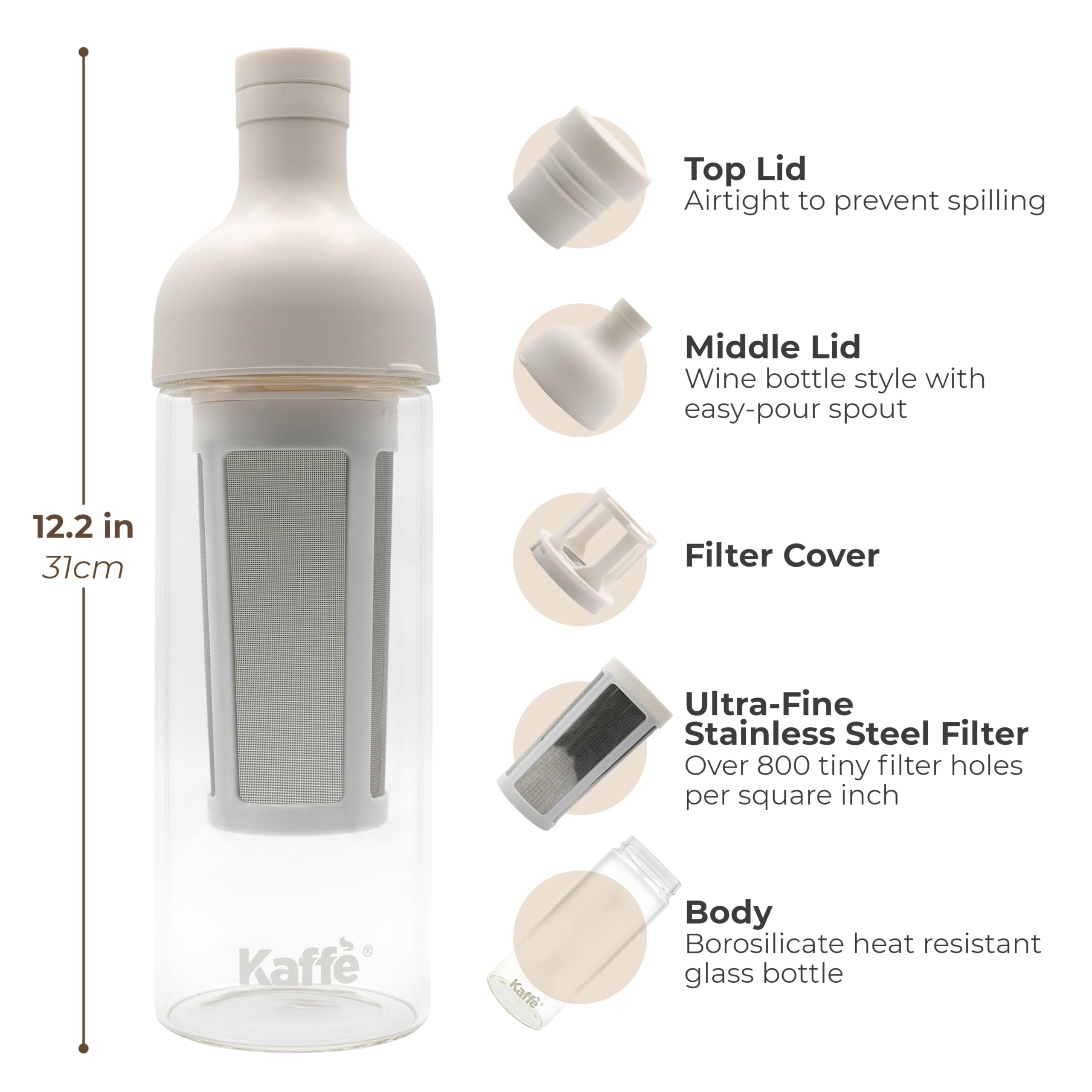 Kaffe Cold Brew Coffee Maker (38oz / 1L) - Borosilicate Glass, Airtight Seal & Dishwasher Safe - Iced Coffee Maker Bottle - Removable Mesh Filter - Up to 6 Cups of Cold Brew Coffee