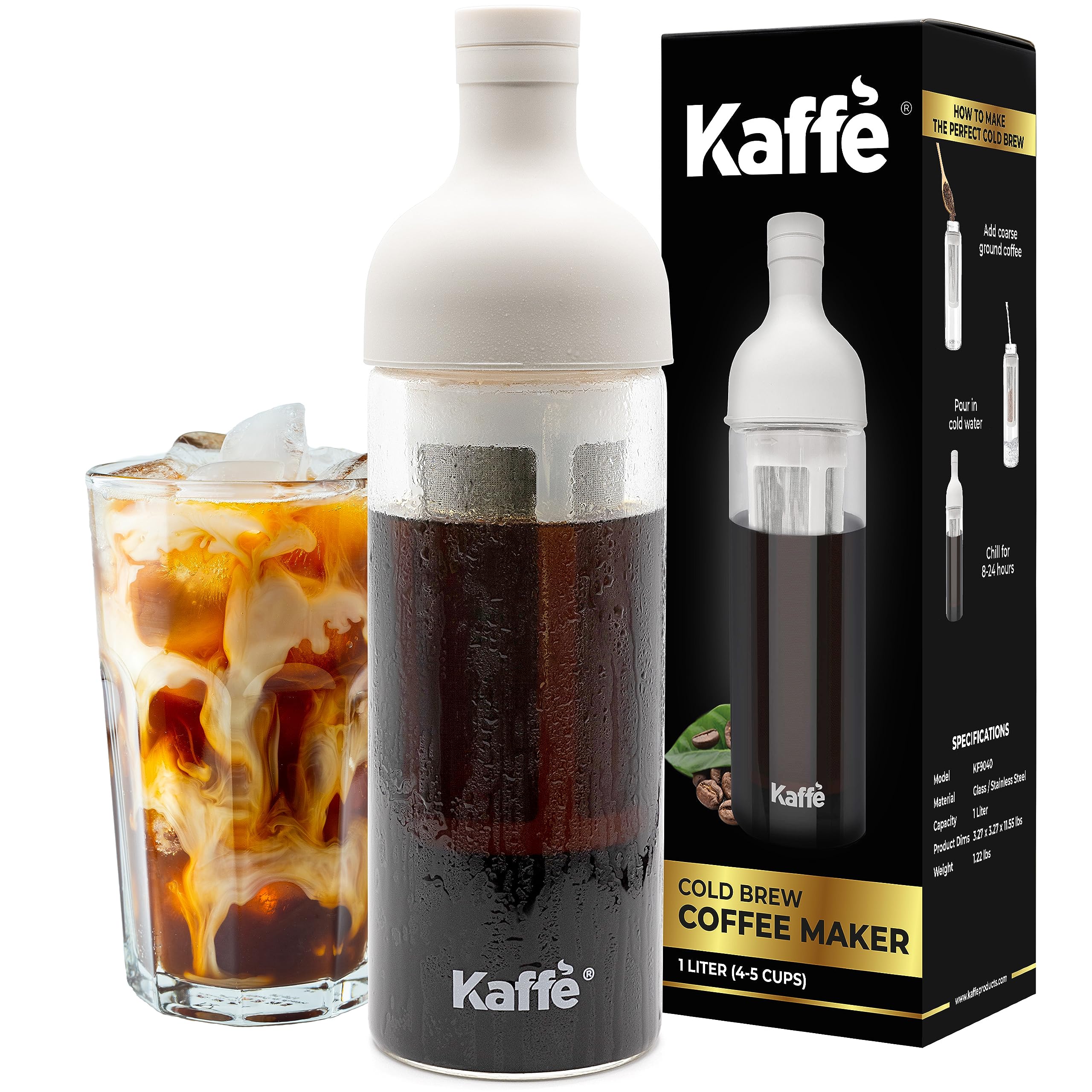 Kaffe Cold Brew Coffee Maker (38oz / 1L) - Borosilicate Glass, Airtight Seal & Dishwasher Safe - Iced Coffee Maker Bottle - Removable Mesh Filter - Up to 6 Cups of Cold Brew Coffee