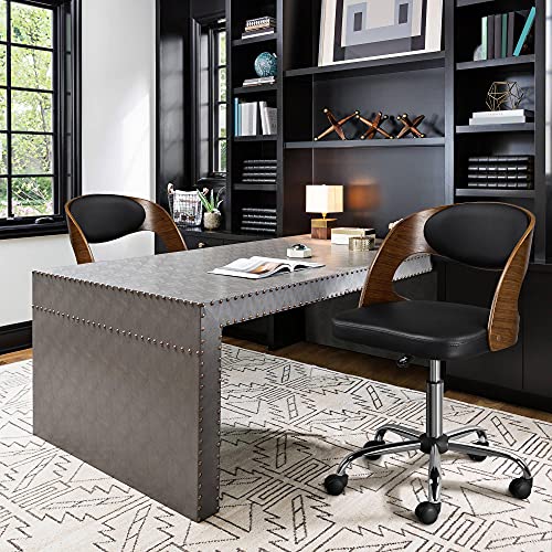 Yaheetech Home Office Desk Chair Modern Mid-Century Walnut Wood Chrome Finish Computer Chair Faux Leather Seat Height Adjustable Stool with 360° Swivel Wheels, Black