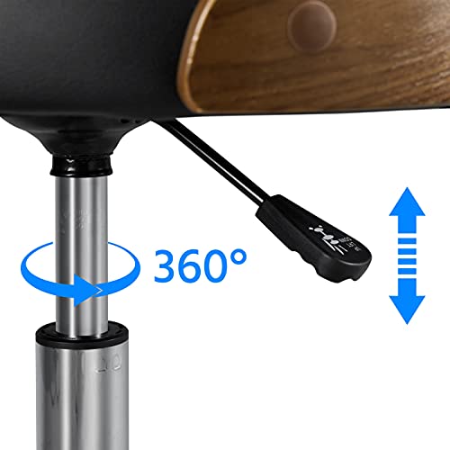 Yaheetech Home Office Desk Chair Modern Mid-Century Walnut Wood Chrome Finish Computer Chair Faux Leather Seat Height Adjustable Stool with 360° Swivel Wheels, Black