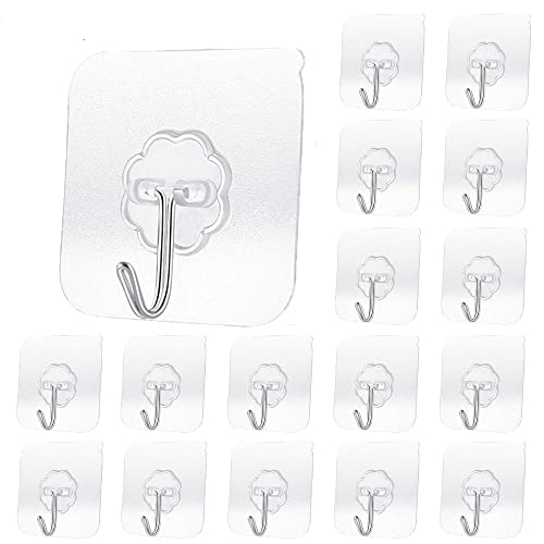 Alayaglory 20 Pack Transparent Adhesive Hooks 30 lb(Max), Waterproof and Oilproof Reusable Seamless Hooks, Heavy Duty Wall Hook for Kitchen Bathroom Office