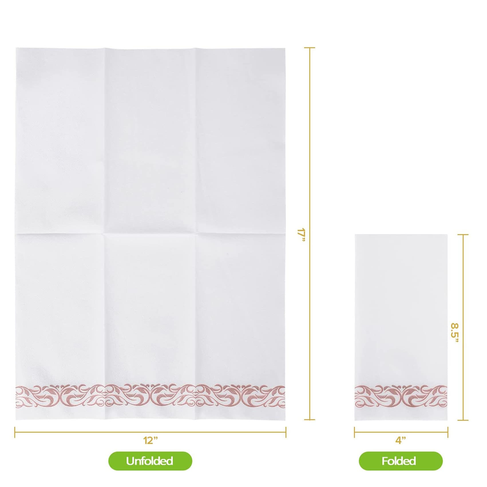 Disposable Hand Towels for Bathroom, White Linen-Feel 100 Guest Towels - Formal Dinner, Anniversary, and Wedding Napkins for Tables, Guestrooms, and Restrooms - 17β x 12β Folded - Rose Gold