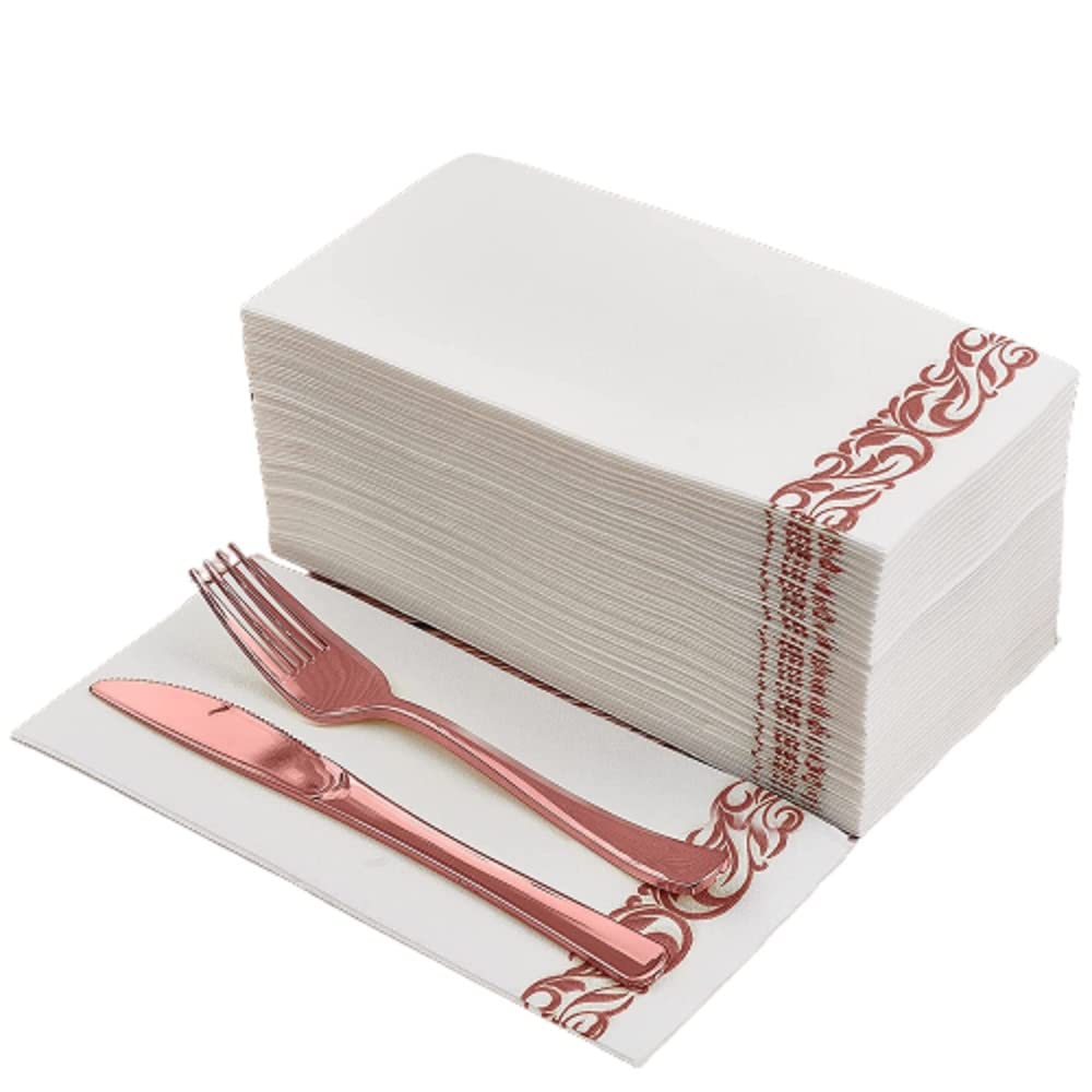 Disposable Hand Towels for Bathroom, White Linen-Feel 100 Guest Towels - Formal Dinner, Anniversary, and Wedding Napkins for Tables, Guestrooms, and Restrooms - 17” x 12” Folded - Rose Gold