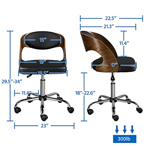 Yaheetech Home Office Desk Chair Modern Mid-Century Walnut Wood Chrome Finish Computer Chair Faux Leather Seat Height Adjustable Stool with 360° Swivel Wheels, Black