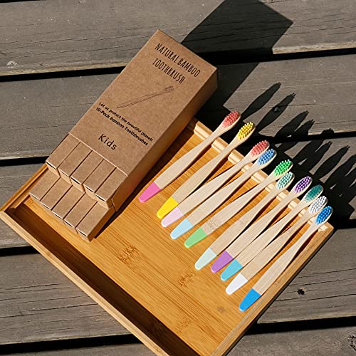 OUTIN Kids Bamboo Toothbrushes 10 Pack Soft Bristles, Children's Toothbrush Eco Friendly Biodegradable Wooden Handle Tooth Brush