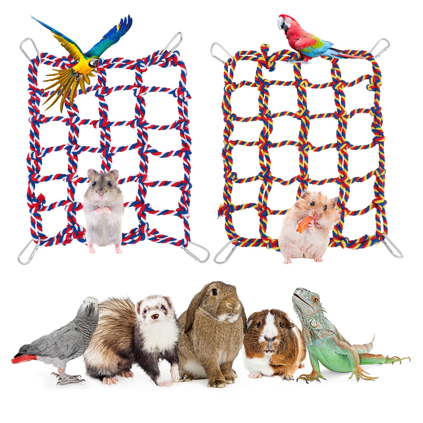 Jspupifip 2 Pcs Bird Rope Net Hamster Rat Bird Rope Ladder, Colorful Pet Climbing Ladder Rope Bridge Cotton Pet Hanging Hammock with 4 Hooks for Small Animal Bird Decor and Play(11.18x9.84 Inch)