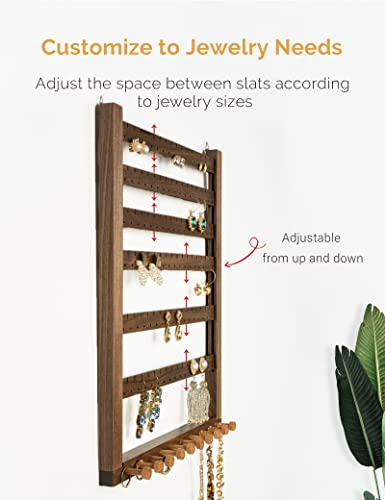 Mymazn Easy Assemble Solid Walnut Wood Earring Wall Holder Hanging Jewelry Organizer Necklace Holder Earring Hanger Wall Mount Jewelry Organizer for Necklaces Rings Scruncies Organization