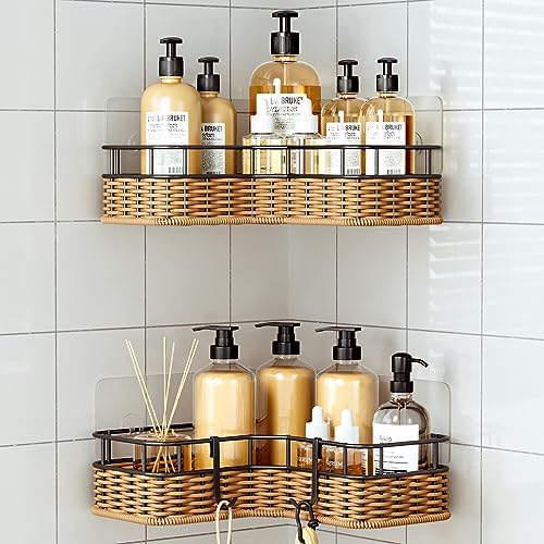 Gusio Corner Shower Caddy Bathroom Organizer & Storage, Hand-made Woven Shower Corner Shelves for Inside Shower Bathroom Decor, Self Adhesive Shower Holder Accessories for Wall RV Apartment Essential