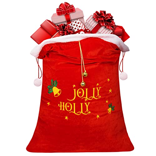 Giant Christmas Santa Sack Velvet Santa Bags for Gifts Extra Large with Cord Drawstring 25 * 36in Red Present Sack Jolly Holly