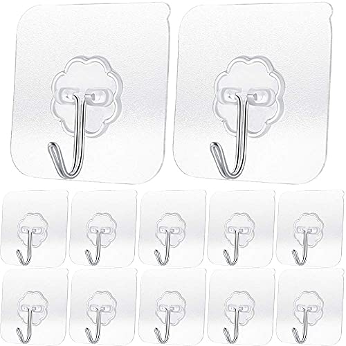 Alayaglory 20 Pack Transparent Adhesive Hooks 30 lb(Max), Waterproof and Oilproof Reusable Seamless Hooks, Heavy Duty Wall Hook for Kitchen Bathroom Office