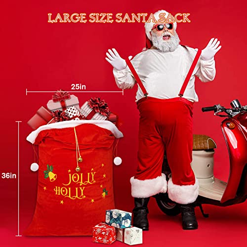 Giant Christmas Santa Sack Velvet Santa Bags for Gifts Extra Large with Cord Drawstring 25 * 36in Red Present Sack Jolly Holly