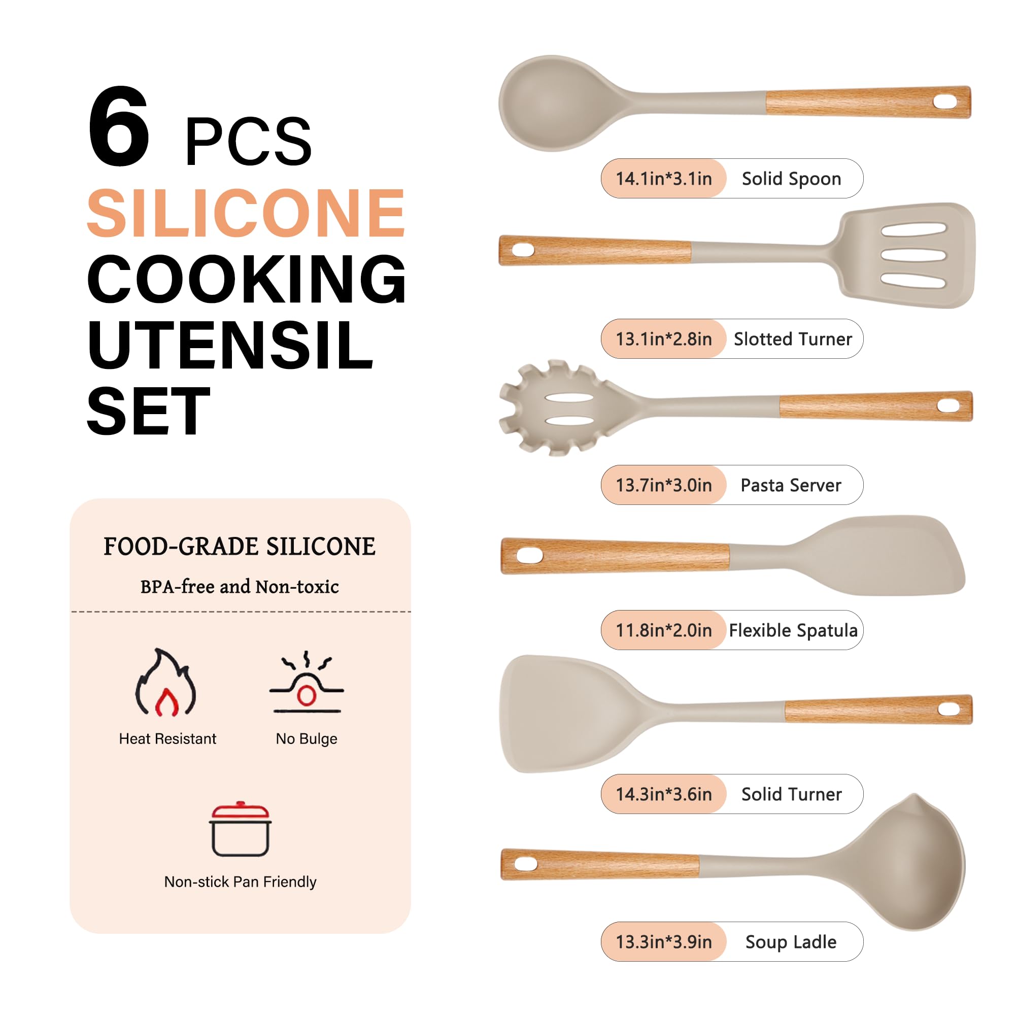 Hvygss Silicone Cooking Utensils Set, Heat Resistance Kitchen Utensils Set with Long Wooden Handle, BPA-free Large Silicone Spatula, Kitchen Tools for Non Stick Frying Pans and Pots, 6 Pcs(Khaki)