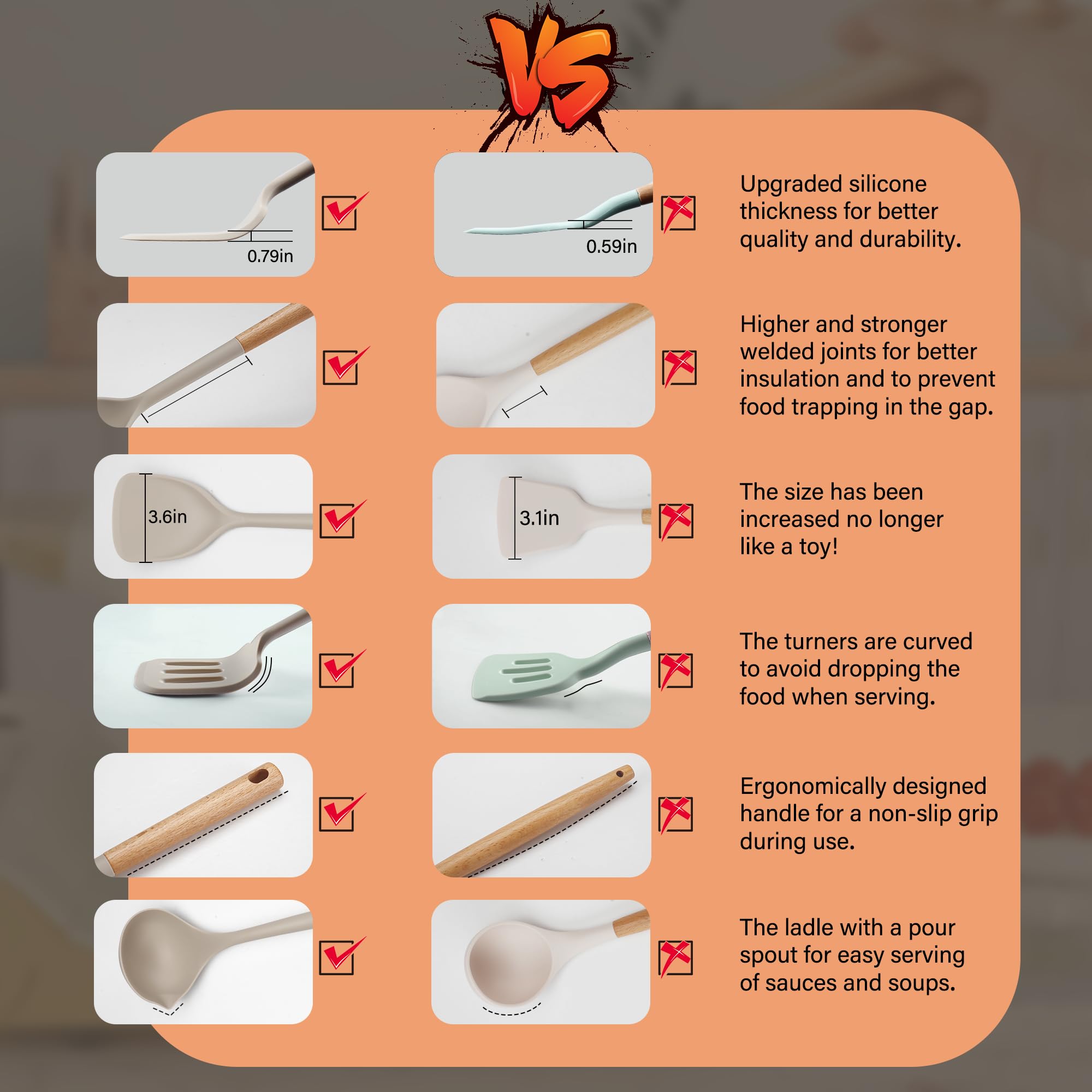 Hvygss Silicone Cooking Utensils Set, Heat Resistance Kitchen Utensils Set with Long Wooden Handle, BPA-free Large Silicone Spatula, Kitchen Tools for Non Stick Frying Pans and Pots, 6 Pcs(Khaki)