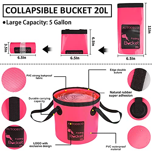 AUTODECO 24Pcs Car Wash Cleaning Tools Kit Car Detailing Set with Canvas Bag Pink Collapsible Bucket Larger Wash Mitt Towels Tire Brush Extendable Window Scraper Complete Interior Car Care Kit