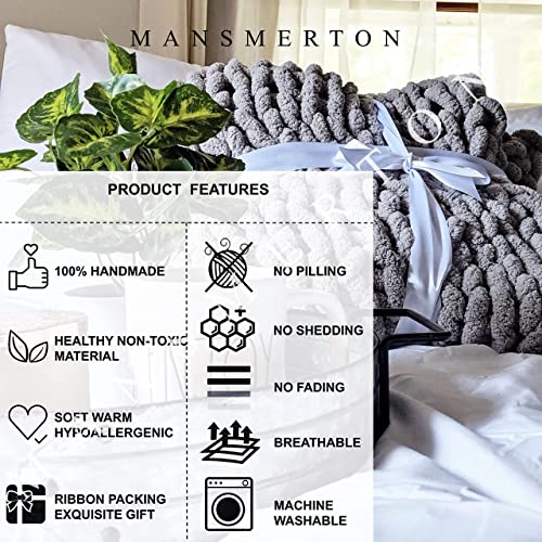 Mansmerton Chunky Knit Blanket Throw-Large50"x60"Grey-Warm Soft crochet Chenille Yarn Thick Knit Blanket for Bed-cozy Cable knit queen Blanket-Big Weighted Chunky Blanket-Boho Home Decor,Gift Washable