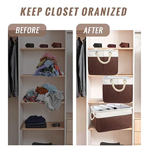 IMQSQIK Foldable Storage Bin 2 Pack, Large Fabric Storage Bin with Coarse Hemp Rope Handles, Gift Baskets Empty for Organizing Closet Nursery Shelves ( 15x 11 x 8 inches, Khaki White)
