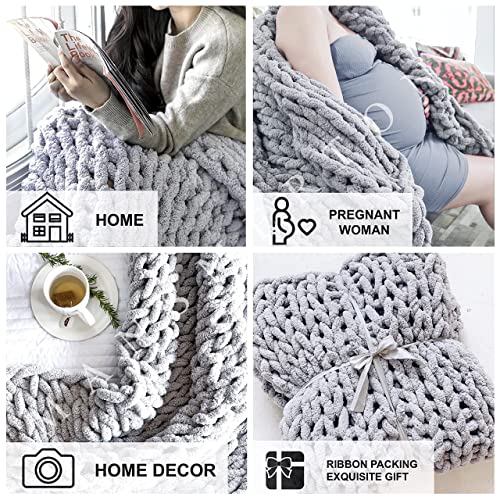 Mansmerton Chunky Knit Blanket Throw-Large50"x60"Grey-Warm Soft crochet Chenille Yarn Thick Knit Blanket for Bed-cozy Cable knit queen Blanket-Big Weighted Chunky Blanket-Boho Home Decor,Gift Washable