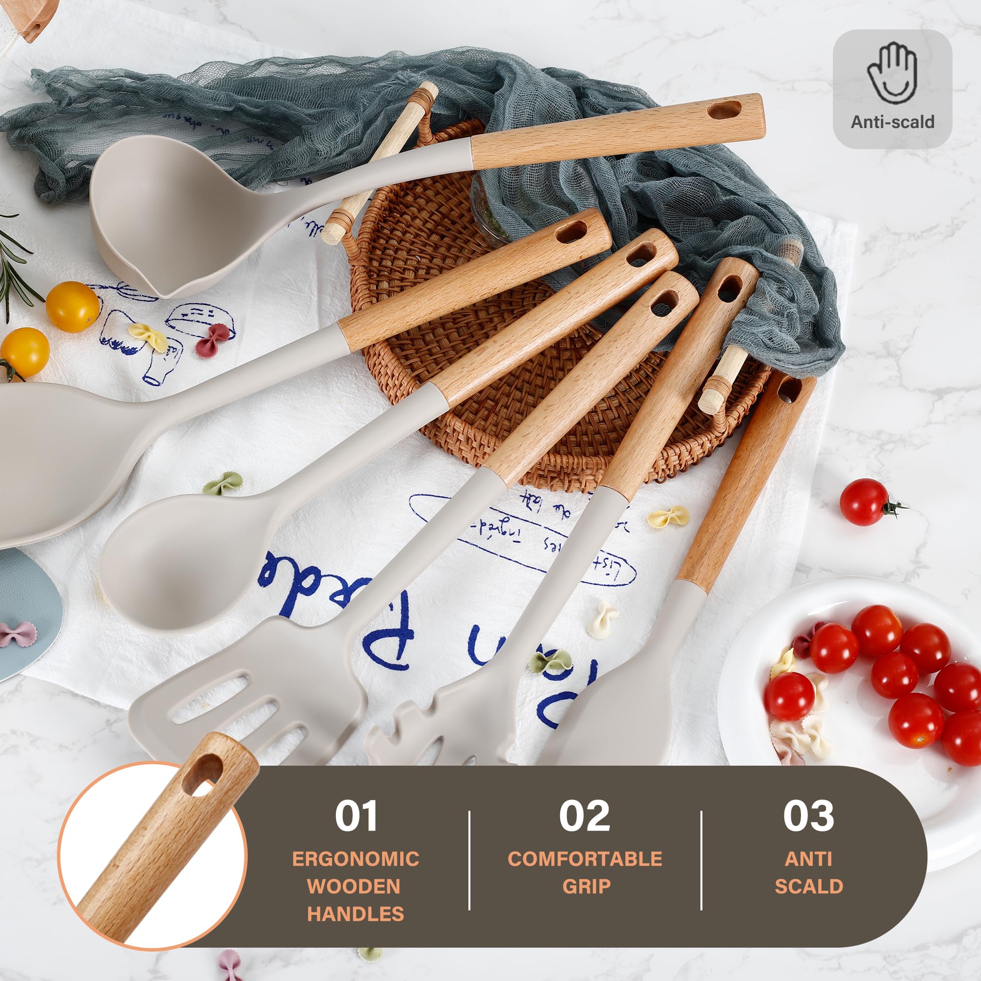 Hvygss Silicone Cooking Utensils Set, Heat Resistance Kitchen Utensils Set with Long Wooden Handle, BPA-free Large Silicone Spatula, Kitchen Tools for Non Stick Frying Pans and Pots, 6 Pcs(Khaki)