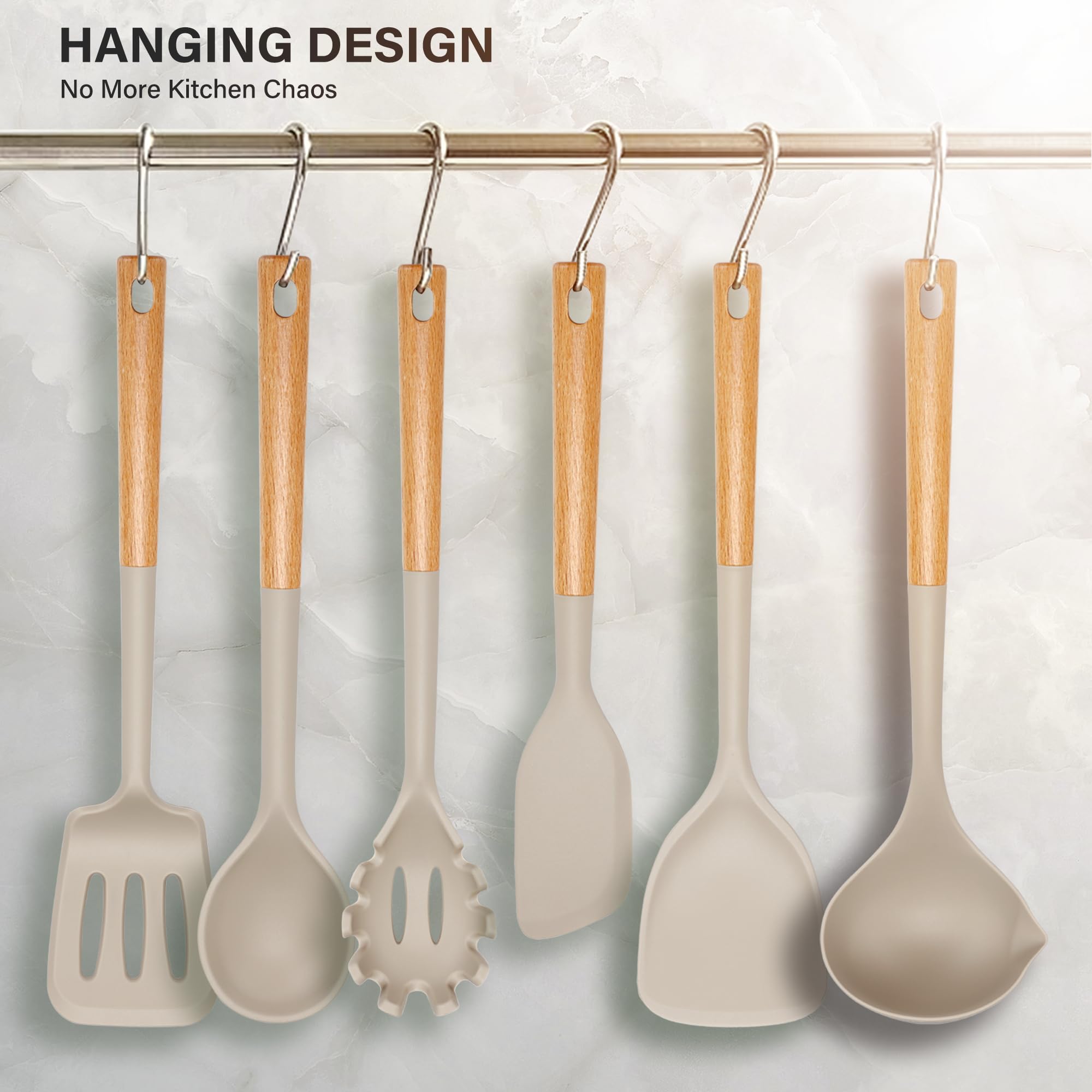 Hvygss Silicone Cooking Utensils Set, Heat Resistance Kitchen Utensils Set with Long Wooden Handle, BPA-free Large Silicone Spatula, Kitchen Tools for Non Stick Frying Pans and Pots, 6 Pcs(Khaki)