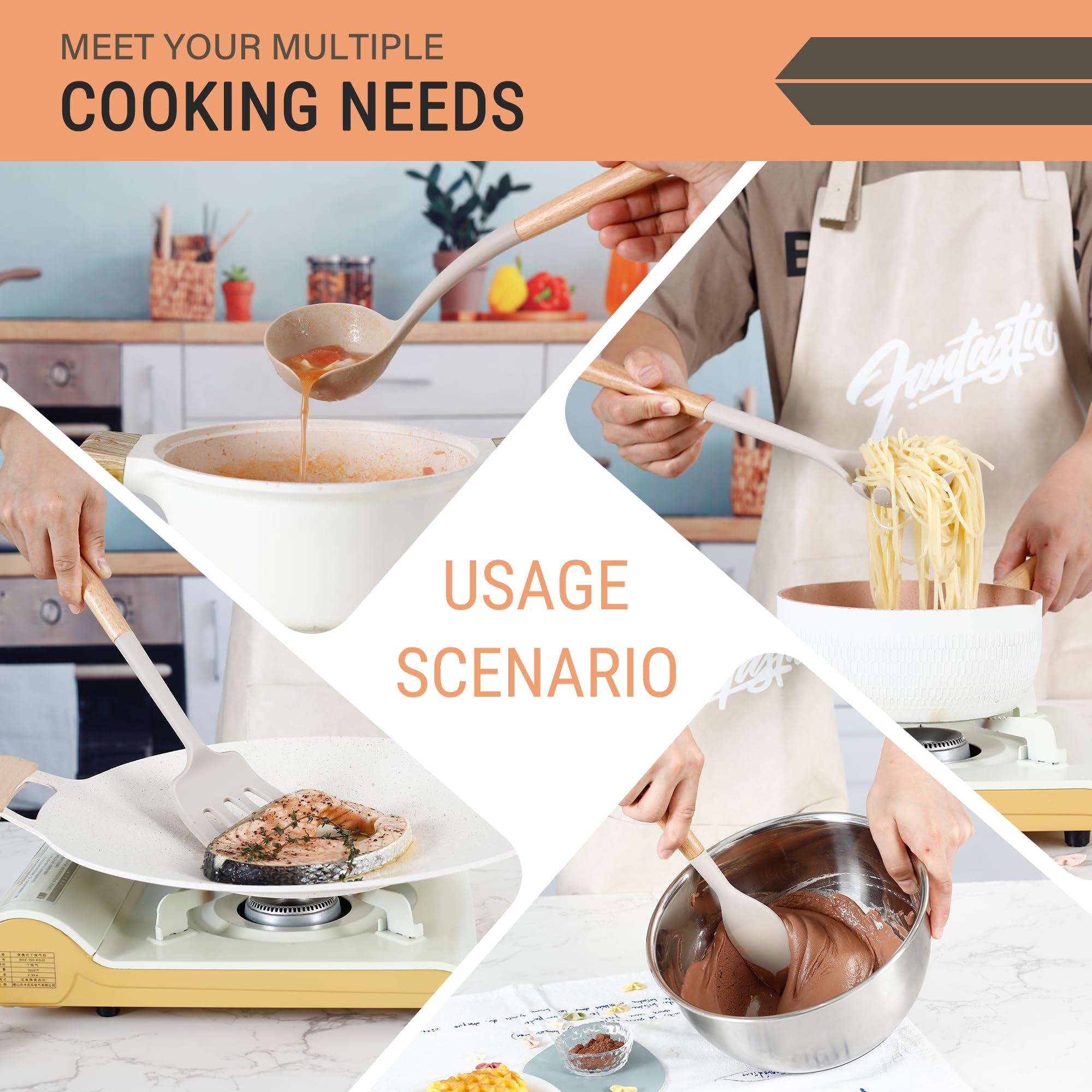Hvygss Silicone Cooking Utensils Set, Heat Resistance Kitchen Utensils Set with Long Wooden Handle, BPA-free Large Silicone Spatula, Kitchen Tools for Non Stick Frying Pans and Pots, 6 Pcs(Khaki)