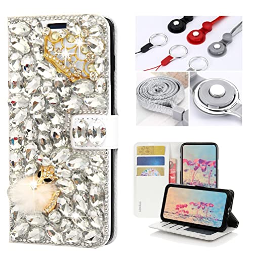 STENES Bling Wallet Phone Case Compatible with Samsung Galaxy Z Fold 2 5G - Stylish - 3D Handmade Crystal Crown Fox Magnetic Wallet Leather Girls Women Cover with Neck Strap Lanyard [3 Pack] - White