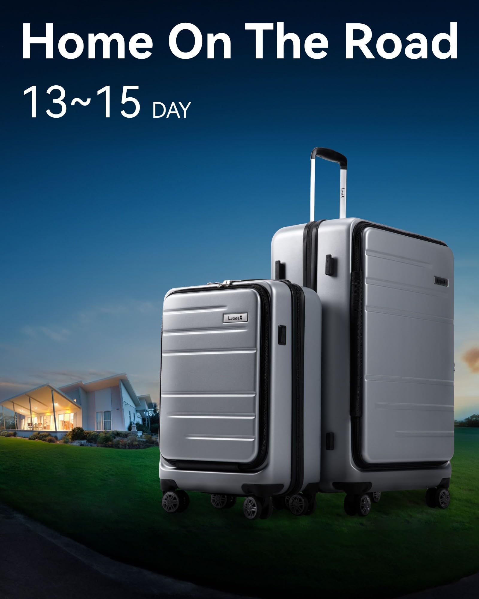 LUGGEX Luggage Sets 2 Pieces, 20 Inch Carry On Luggage with USB Port and 26 Inch Checked Suitcase with Front Opening, Only 26" Expandable (Silver, 20/26)