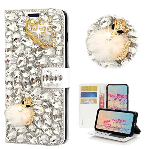 STENES Bling Wallet Phone Case Compatible with Samsung Galaxy Z Fold 2 5G - Stylish - 3D Handmade Crystal Crown Fox Magnetic Wallet Leather Girls Women Cover with Neck Strap Lanyard [3 Pack] - White