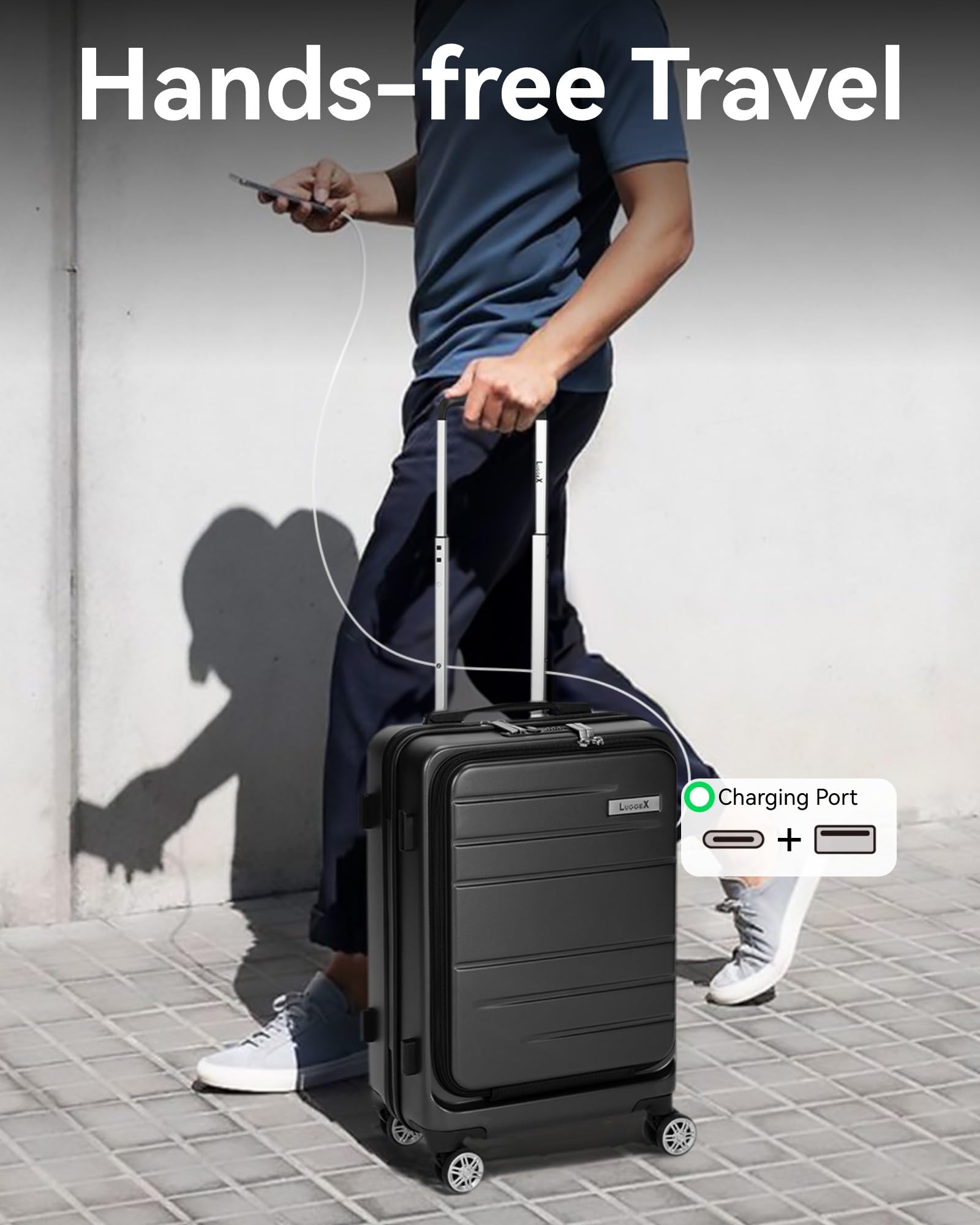 LUGGEX Luggage Sets 2 Pieces, 20 Inch Carry On Luggage with USB Port and 26 Inch Checked Suitcase with Front Opening, Only 26" Expandable (Silver, 20/26)