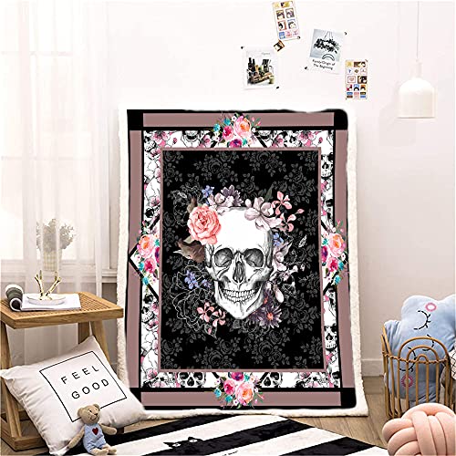 Sugar Skull Blanket Ultra Soft Sherpa Gothic Blankets All Seasons Warm Cozy Flower Rose Skull Blankets for Women Gift Plush Throw for Couch Sofa Bedding (51'' x 59'')