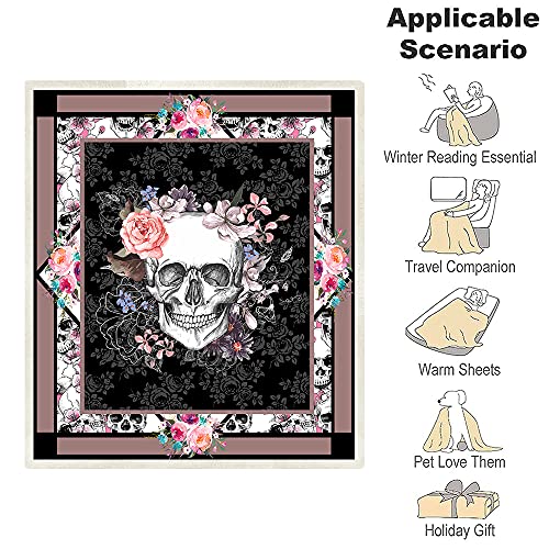 Sugar Skull Blanket Ultra Soft Sherpa Gothic Blankets All Seasons Warm Cozy Flower Rose Skull Blankets for Women Gift Plush Throw for Couch Sofa Bedding (51'' x 59'')