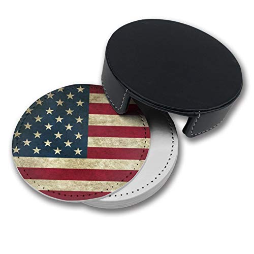 American Flag USA Flag Leather Drinks Coasters with Holder Set of 6, Suitable for Kinds of Cups