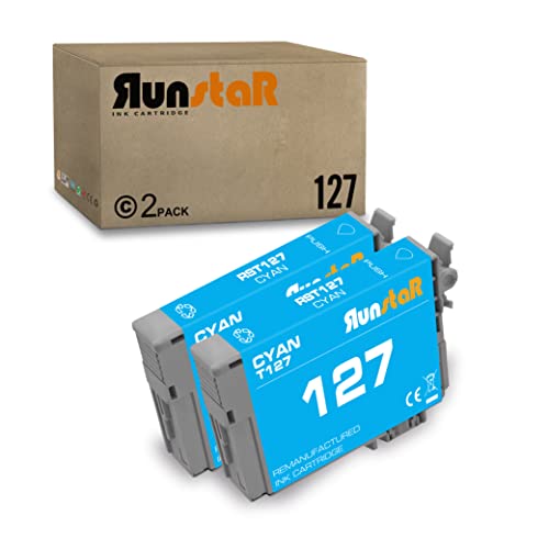 Run Star 2 Pack 127 Cyan Remanufactured Ink Cartridge Replacement for Epson 127 T127 use for Epson Workforce 60 530 625 545 645 840 845 WF-3520 WF-3540 WF-7010 WF-7510 WF-7520 Printer (2 Cyan)