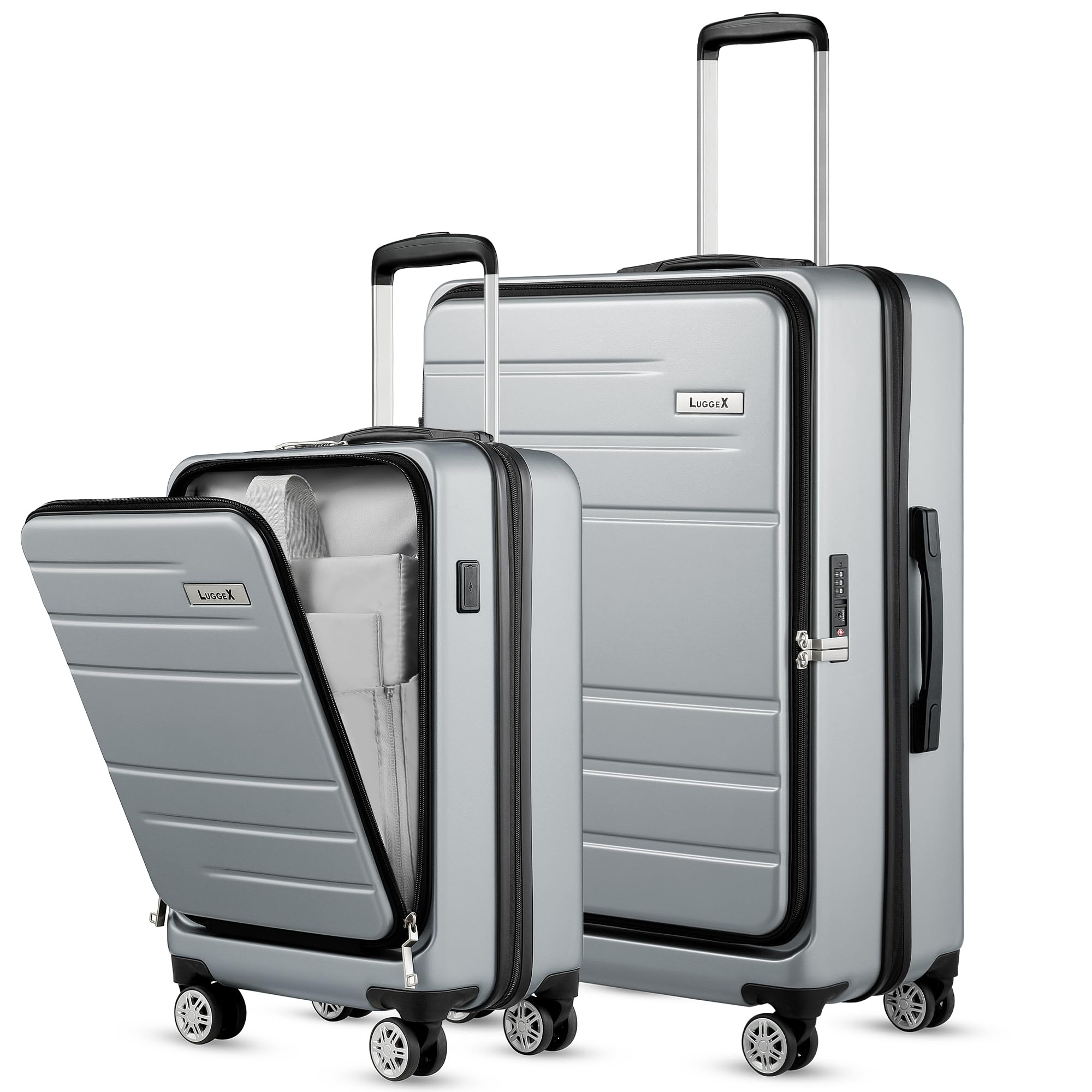 LUGGEX Luggage Sets 2 Pieces, 20 Inch Carry On Luggage with USB Port and 26 Inch Checked Suitcase with Front Opening, Only 26" Expandable (Silver, 20/26)