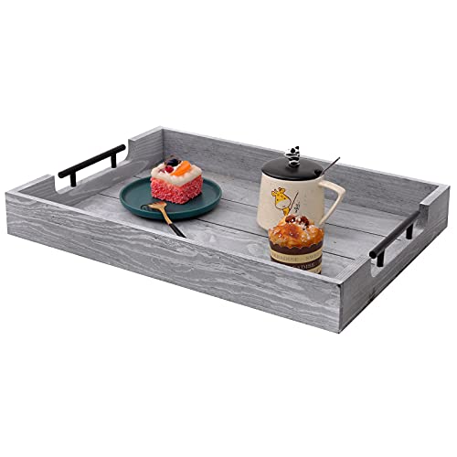 LONGNENG Wood Serving Tray Rectangle Gray Tray with Handles,Decorative Trays,Rustic Ottoman Tray for Living Room with Two Iron Handles