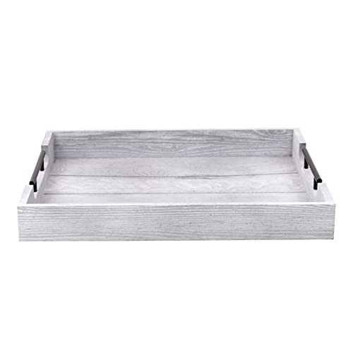 LONGNENG Wood Serving Tray Rectangle Gray Tray with Handles,Decorative Trays,Rustic Ottoman Tray for Living Room with Two Iron Handles